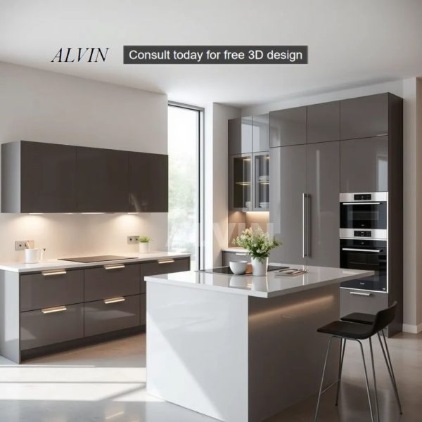 ALVIN Metallic lacquer double sides waterfall island kitchen cabinet ...